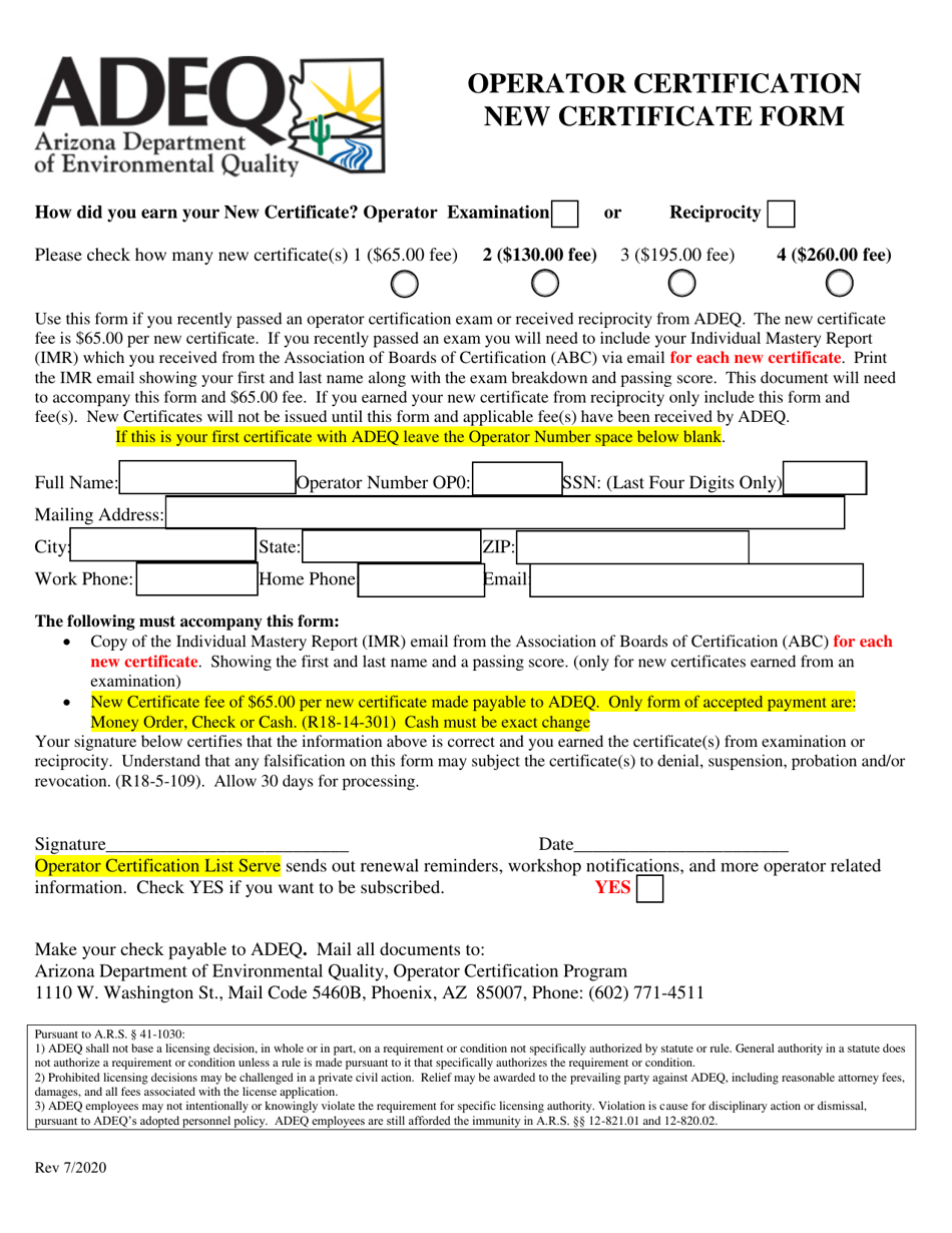 Arizona Operator Certification New Certificate Form Download Fillable ...