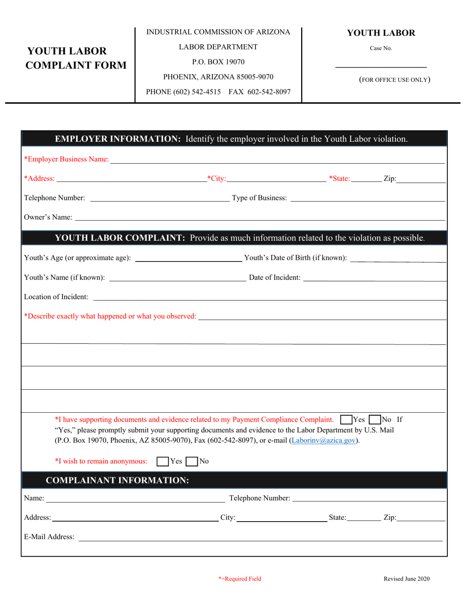 Arizona Youth Labor Complaint Form - Fill Out, Sign Online and Download ...