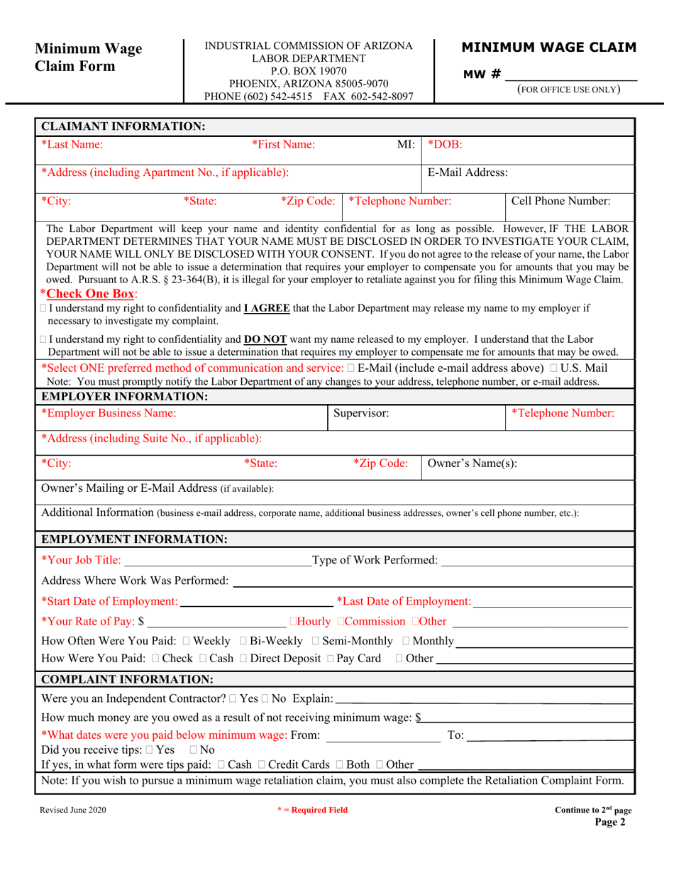 Arizona Minimum Wage Claim Form - Fill Out, Sign Online and Download ...