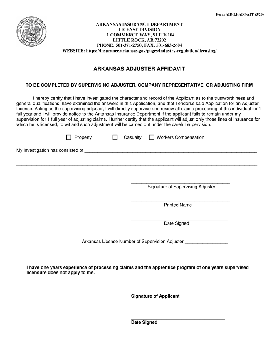 Form AID-LI-ADJ-AFF Download Fillable PDF or Fill Online Arkansas Adjuster Affidavit, Arkansas ...