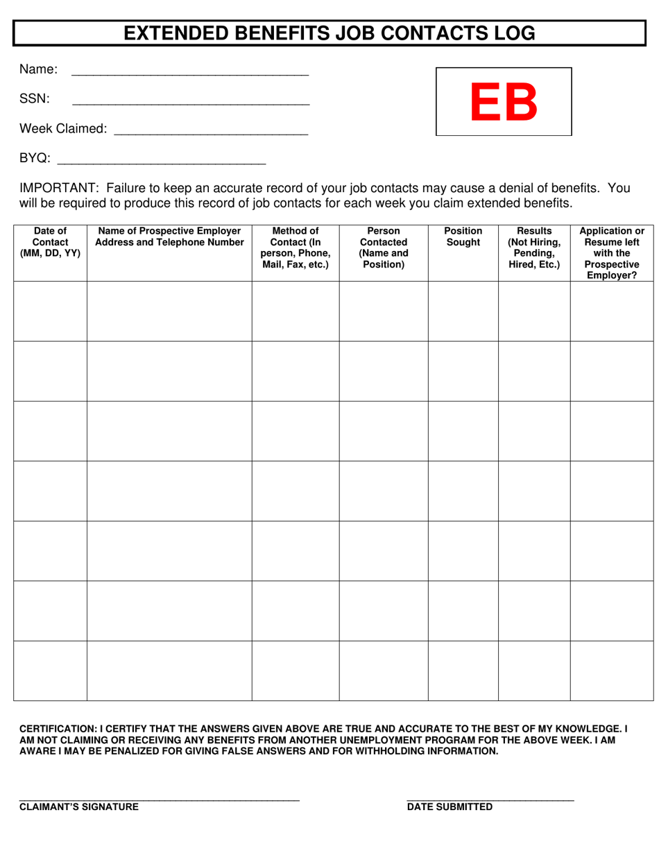 Arkansas Extended Benefits Job Contacts Log - Fill Out, Sign Online and ...
