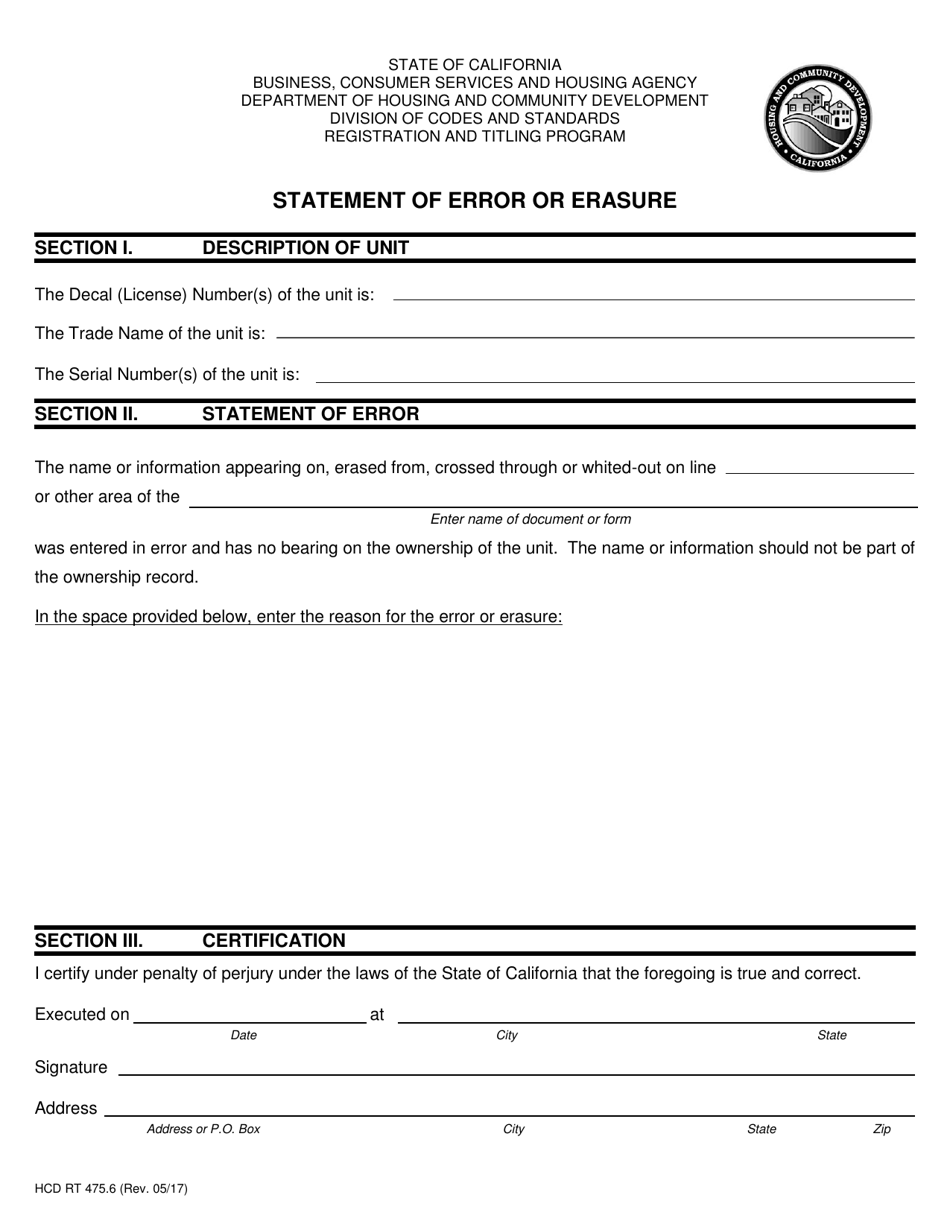 Form HCD RT475.6 - Fill Out, Sign Online and Download Fillable PDF ...
