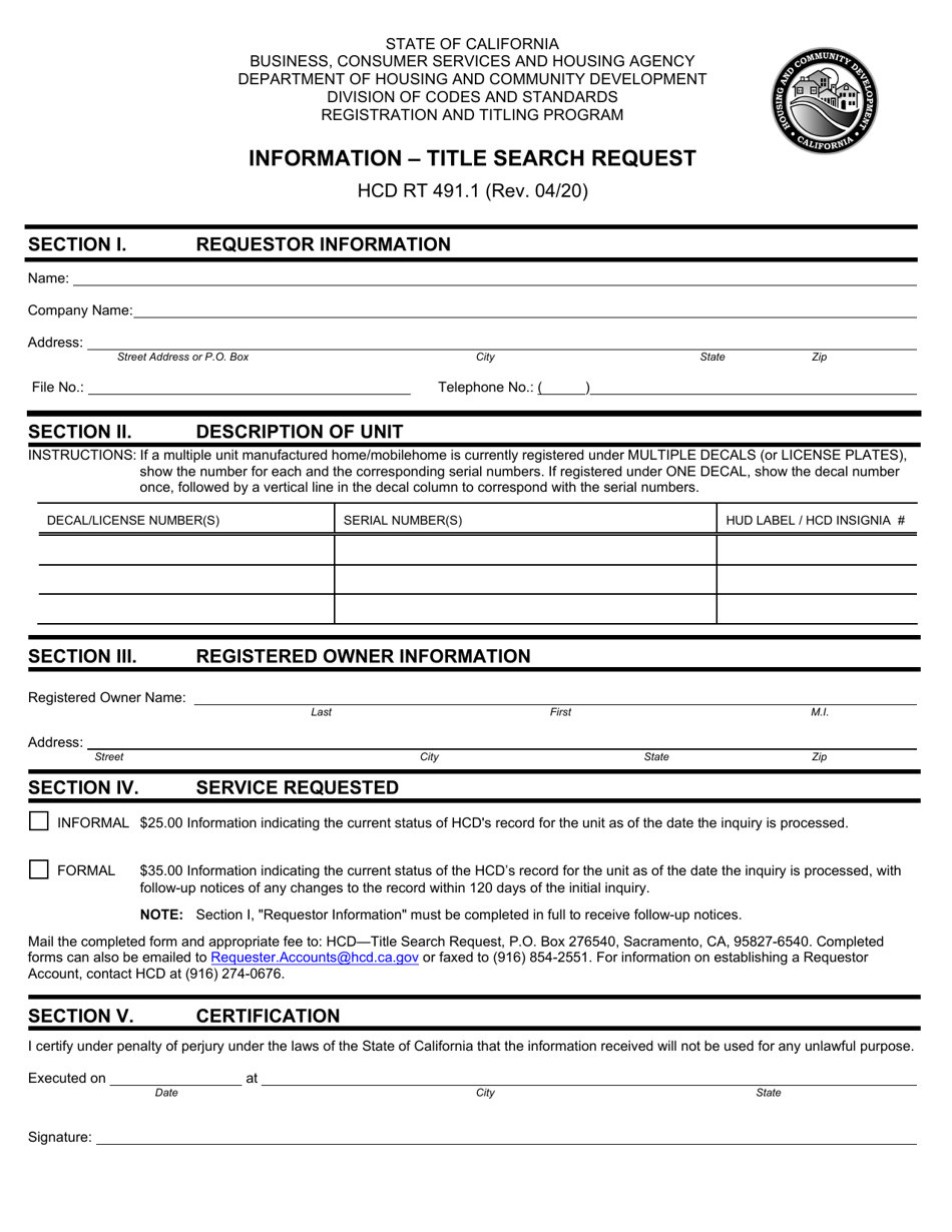 Form HCD RT491.1 - Fill Out, Sign Online and Download Printable PDF ...