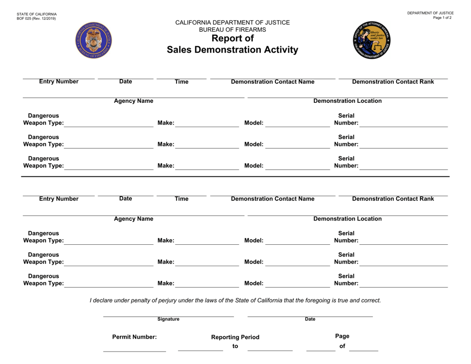 Form BOF025 Download Fillable PDF or Fill Online Report of Sales ...