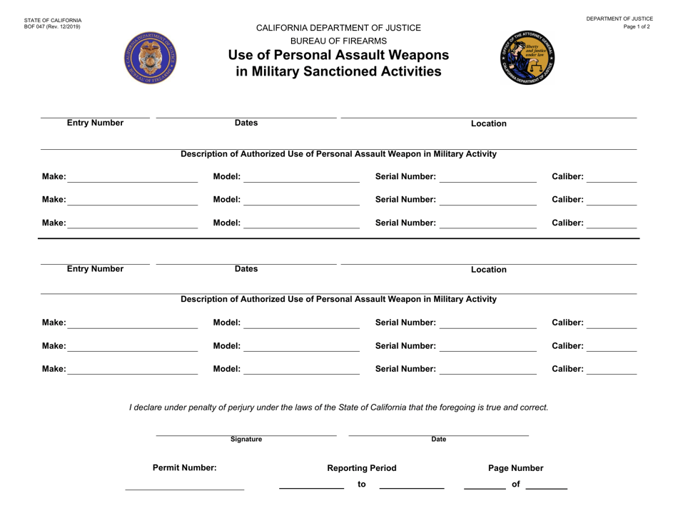Form BOF047 Download Fillable PDF or Fill Online Use of Personal ...
