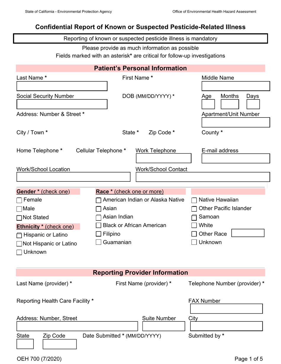 Form OEH700 Download Fillable PDF or Fill Online Confidential Report of ...