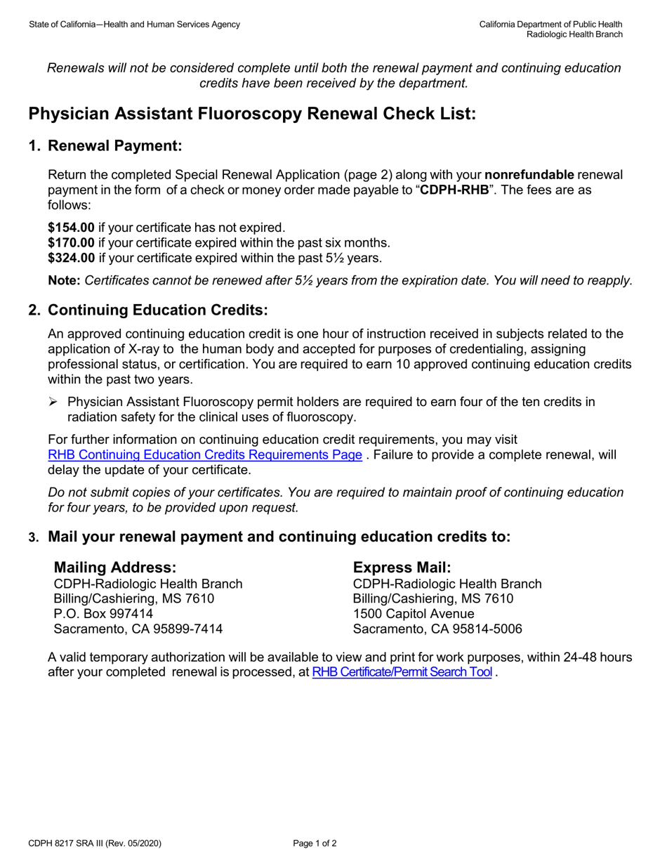 Form CDPH8217 SRA III Download Fillable PDF or Fill Online Physician ...