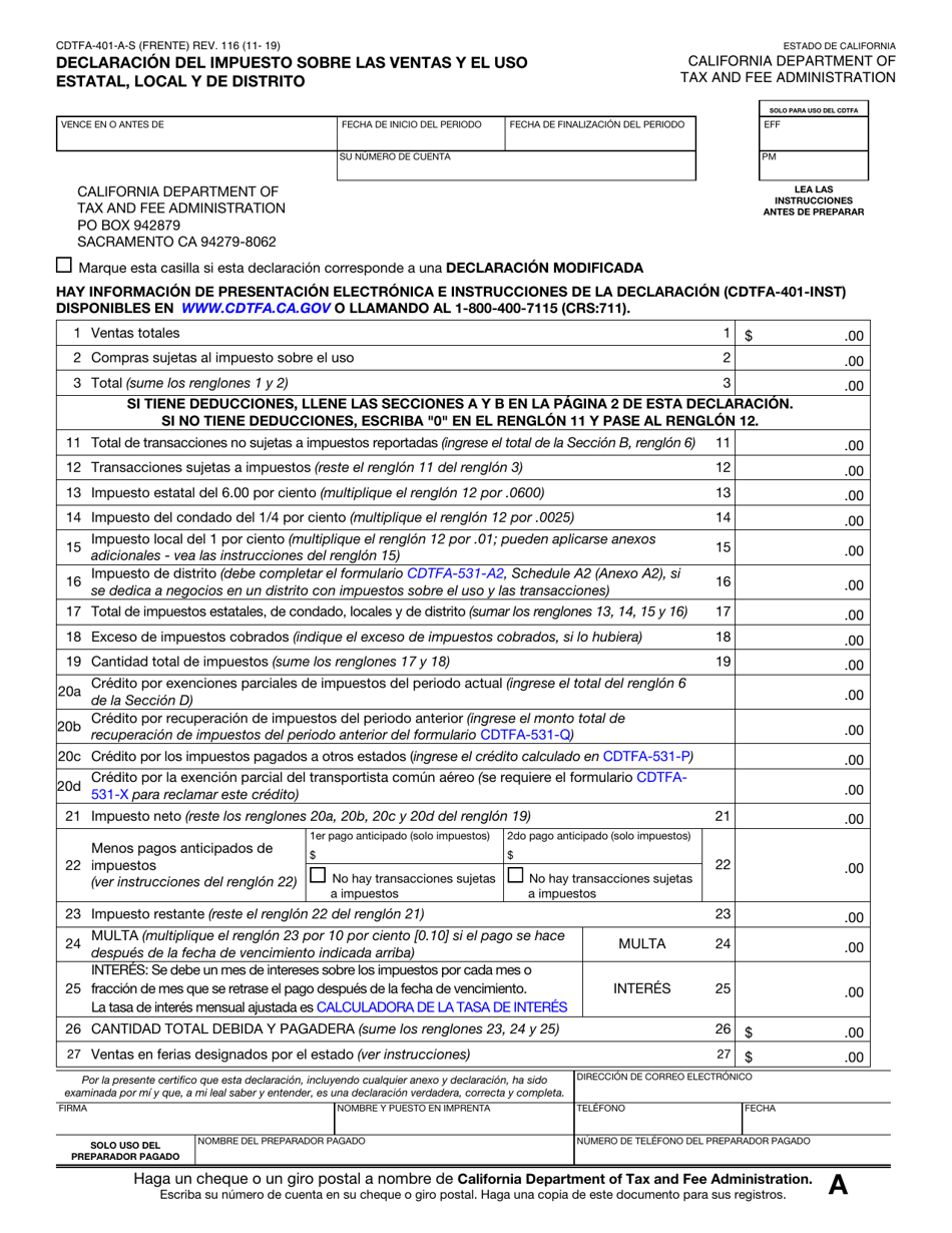 Formulario CDTFA-401-A-S - Fill Out, Sign Online and Download Fillable ...