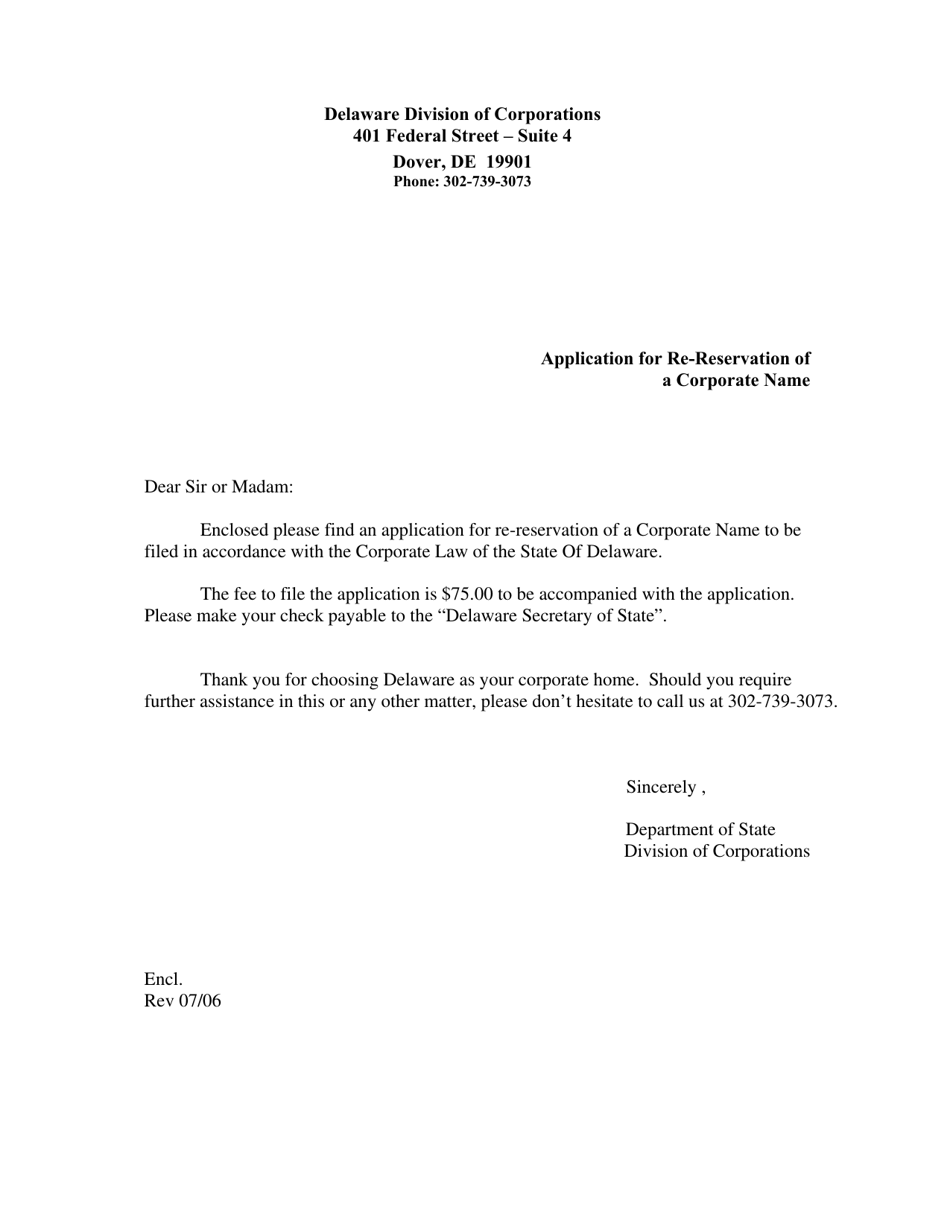 Delaware Application for Re-reservation of a Corporate Name - Fill Out ...