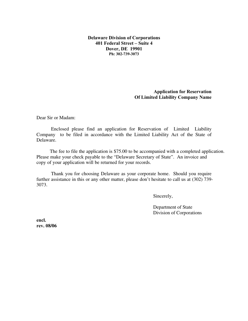 Delaware Application for Reservation of Limited Liability Company Name ...