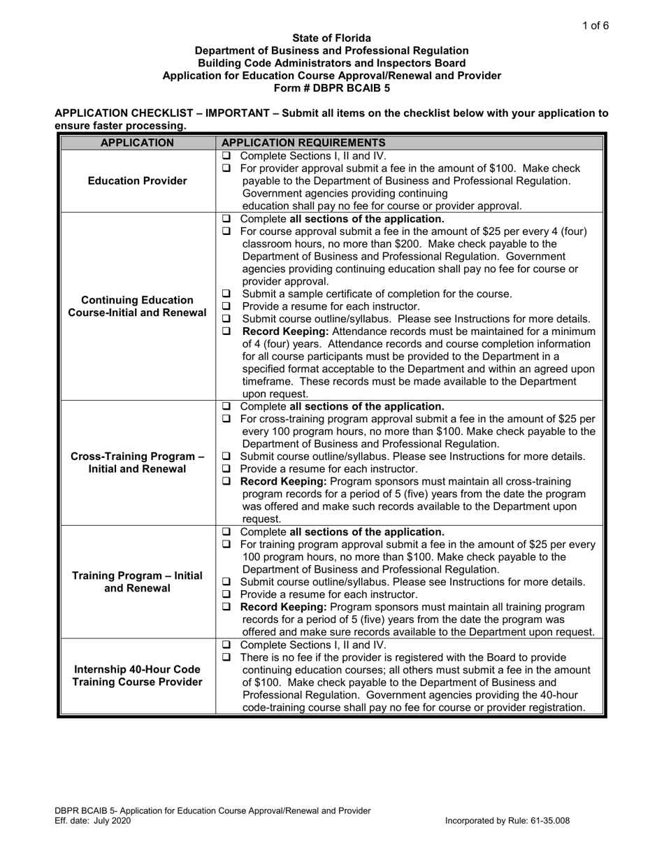 Form DBPR BCAIB5 Download Printable PDF or Fill Online Application for ...