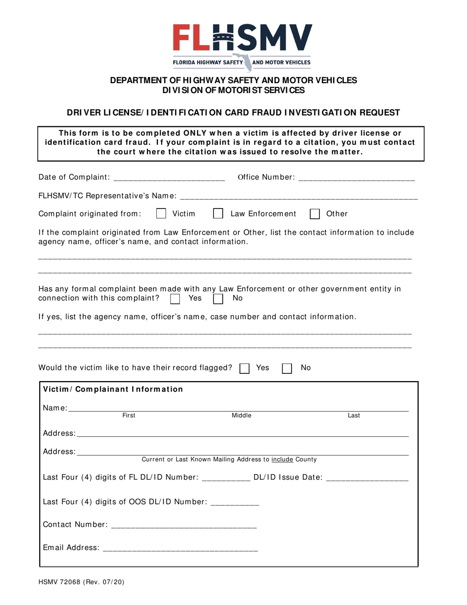 Form HSMV72068 - Fill Out, Sign Online and Download Fillable PDF ...