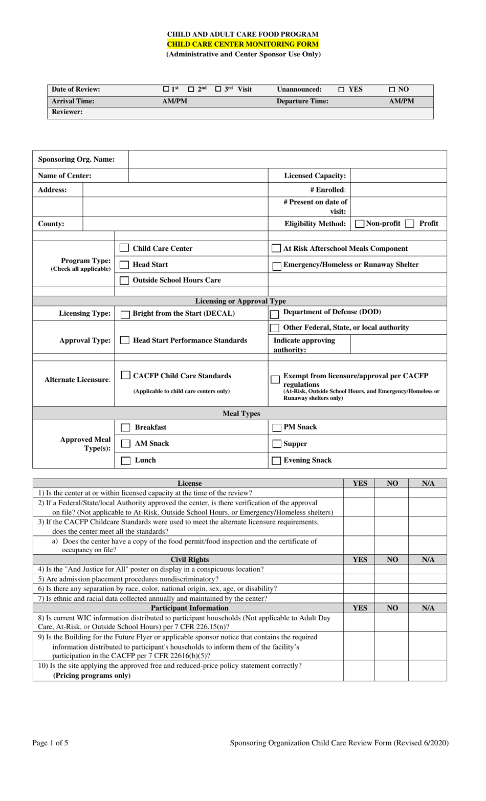 Georgia (United States) Child Care Center Monitoring Form ...