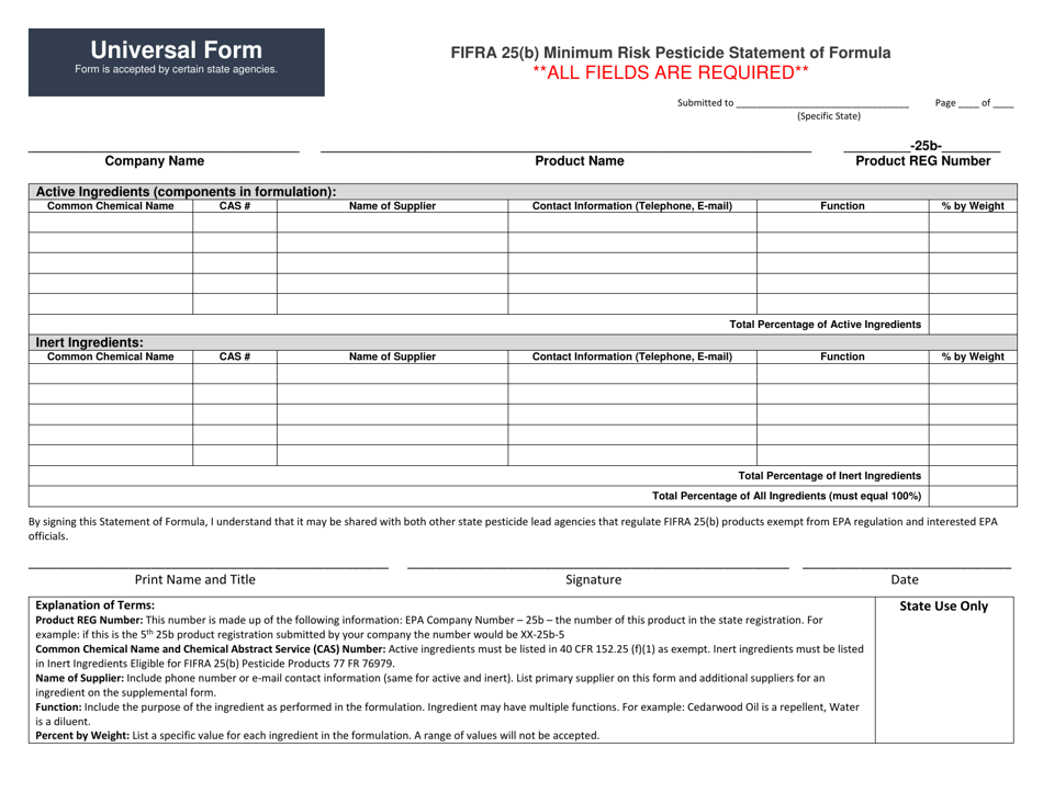 Fifra 25(B) Minimum Risk Pesticide Statement of Formula - Fill Out ...