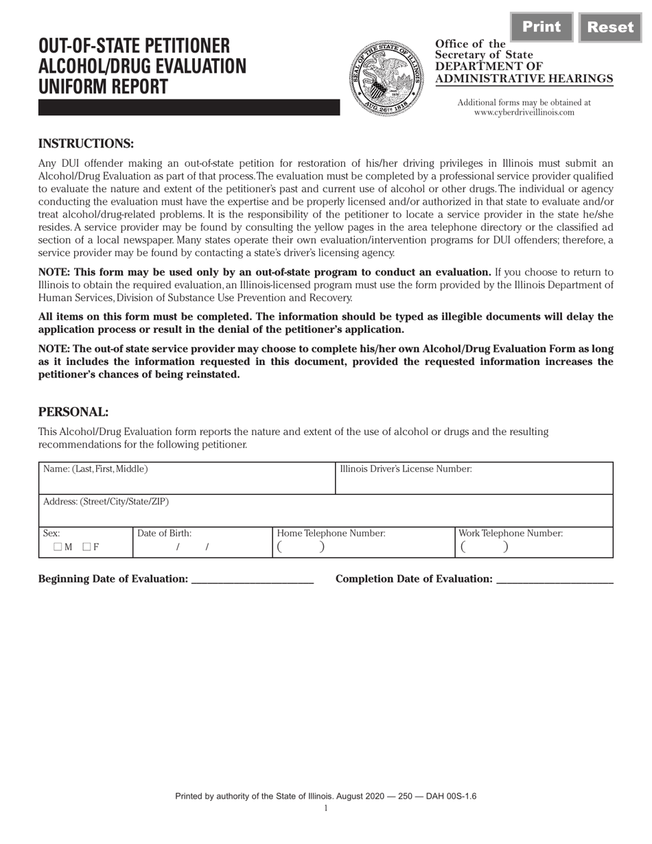 Form DAH OOS1 Download Fillable PDF or Fill Online Out-of-State ...