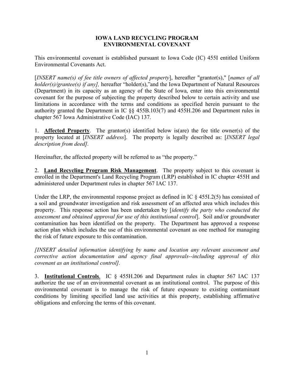 Iowa Iowa Land Recycling Program Environmental Covenant Model - Fill ...