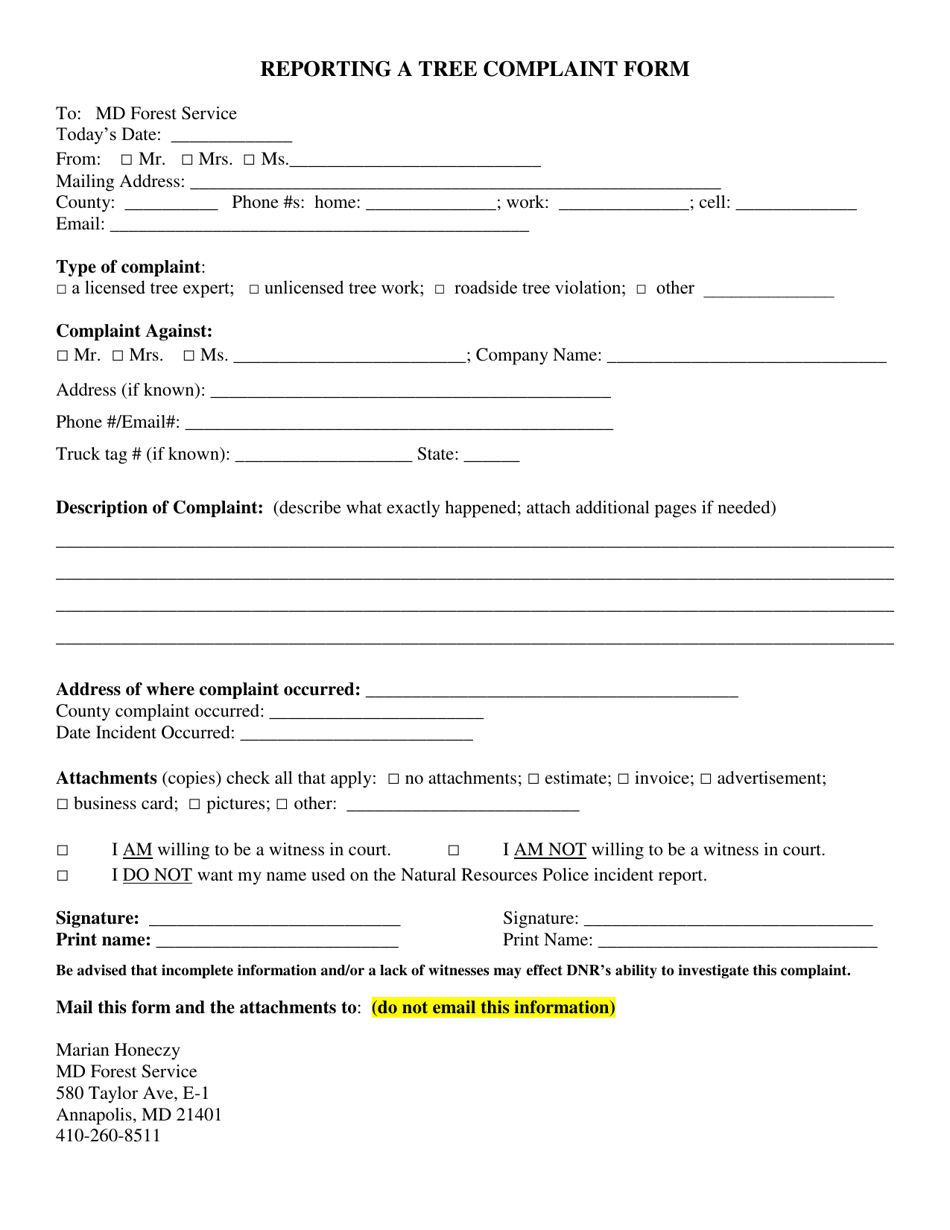 Maryland Reporting a Tree Complaint Form - Fill Out, Sign Online and ...