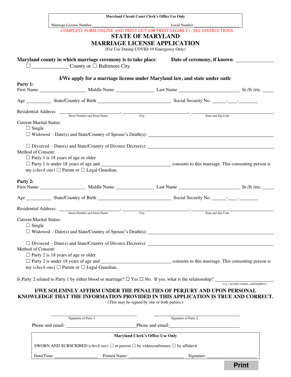 Maryland Marriage License Application Fill Out Sign Online And 