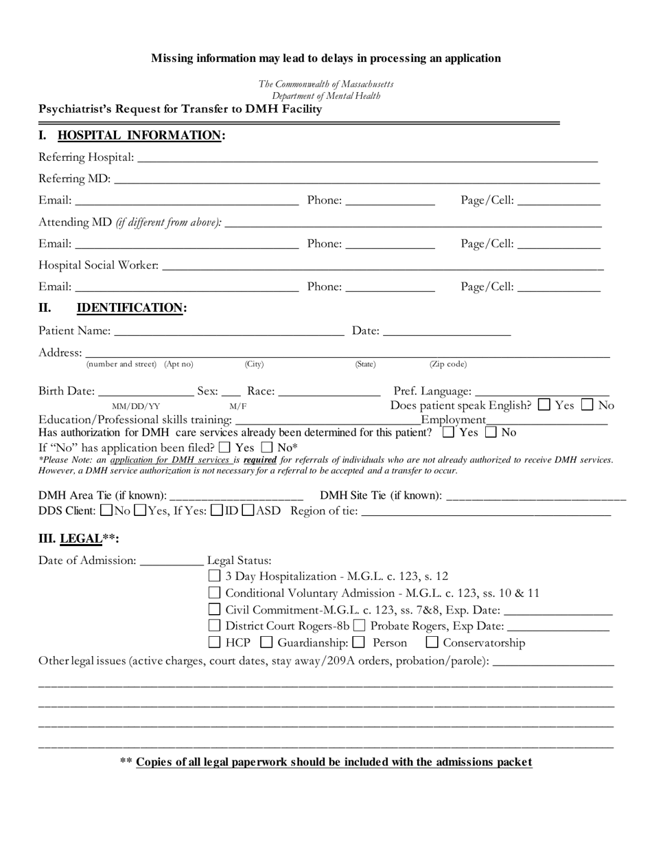 Massachusetts Psychiatrist's Request for Transfer to Dmh Facility ...