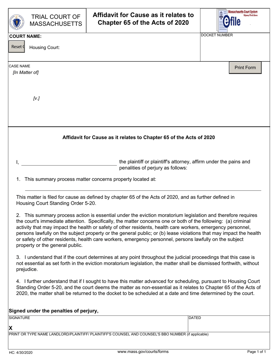 Massachusetts Affidavit for Cause as It Relates to Chapter 65 of the ...