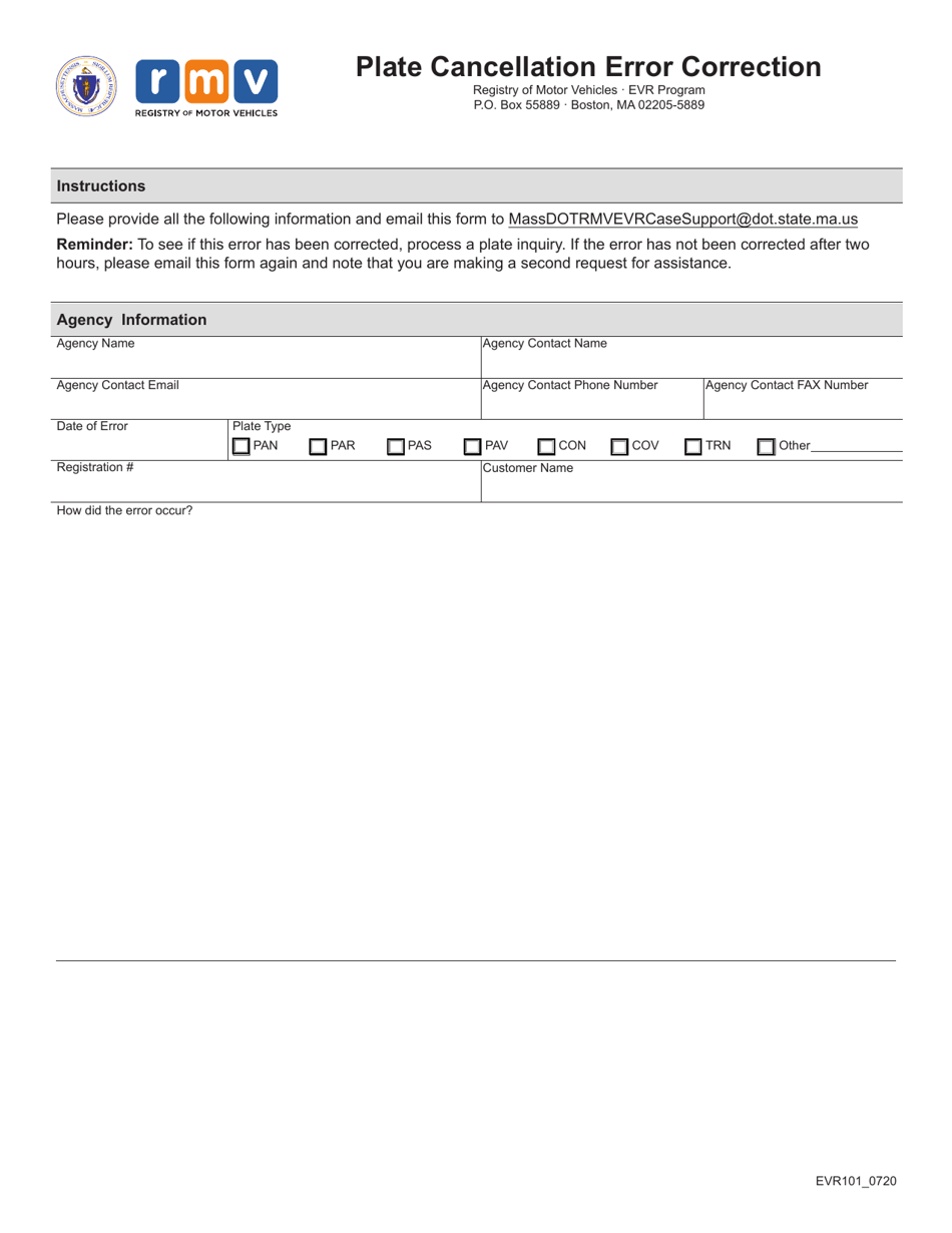 Form EVR101 Download Fillable PDF Or Fill Online Plate Cancellation Form EVR101 Download Fillable PDF Or Fill Online Plate Cancellation