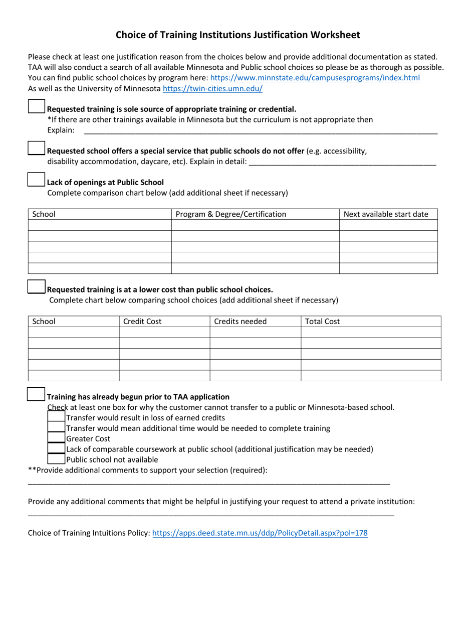 Minnesota Choice of Training Institutions Justification Worksheet ...