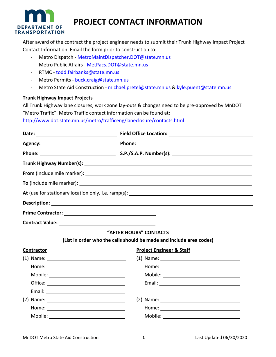 Minnesota Project Contact Information Download Fillable PDF 2020 — 2025 ...
