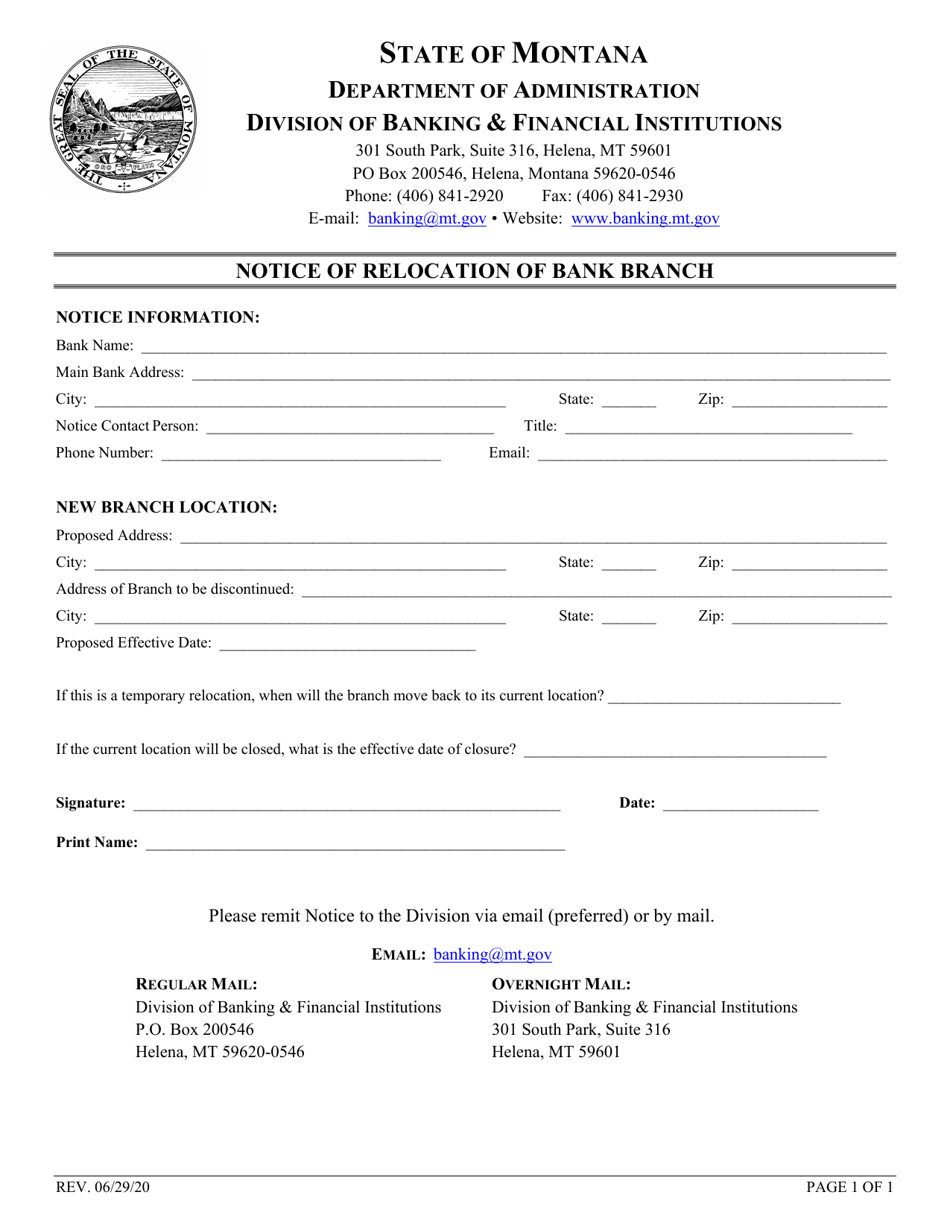 Montana Notice of Relocation of Bank Branch - Fill Out, Sign Online and ...