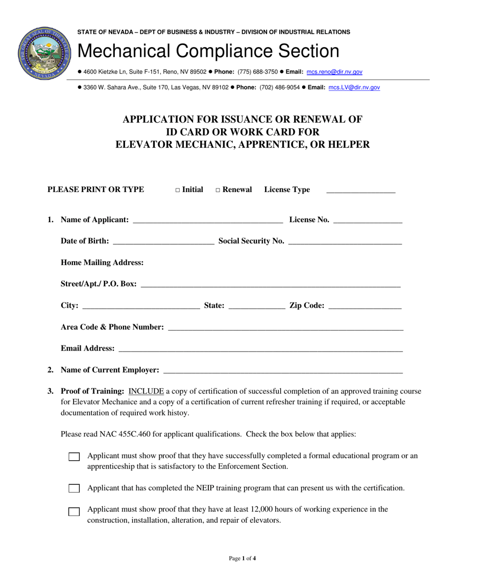 Nevada Application for Issuance or Renewal of Id Card or Work Card for ...