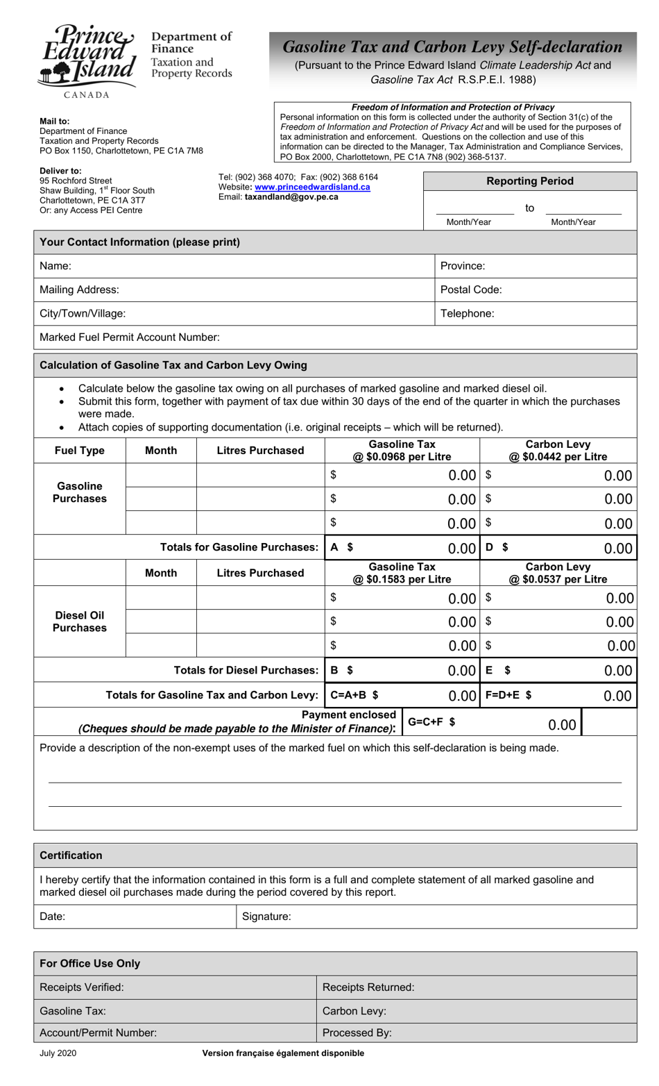 Prince Edward Island Canada Gasoline Tax and Carbon Levy Self ...