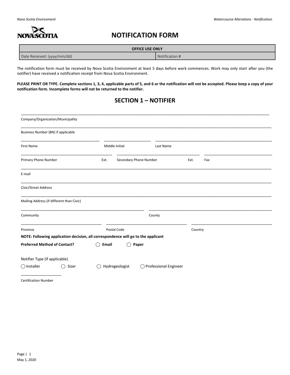 Nova Scotia Canada Watercourse Alteration Notification Form - Fill Out ...