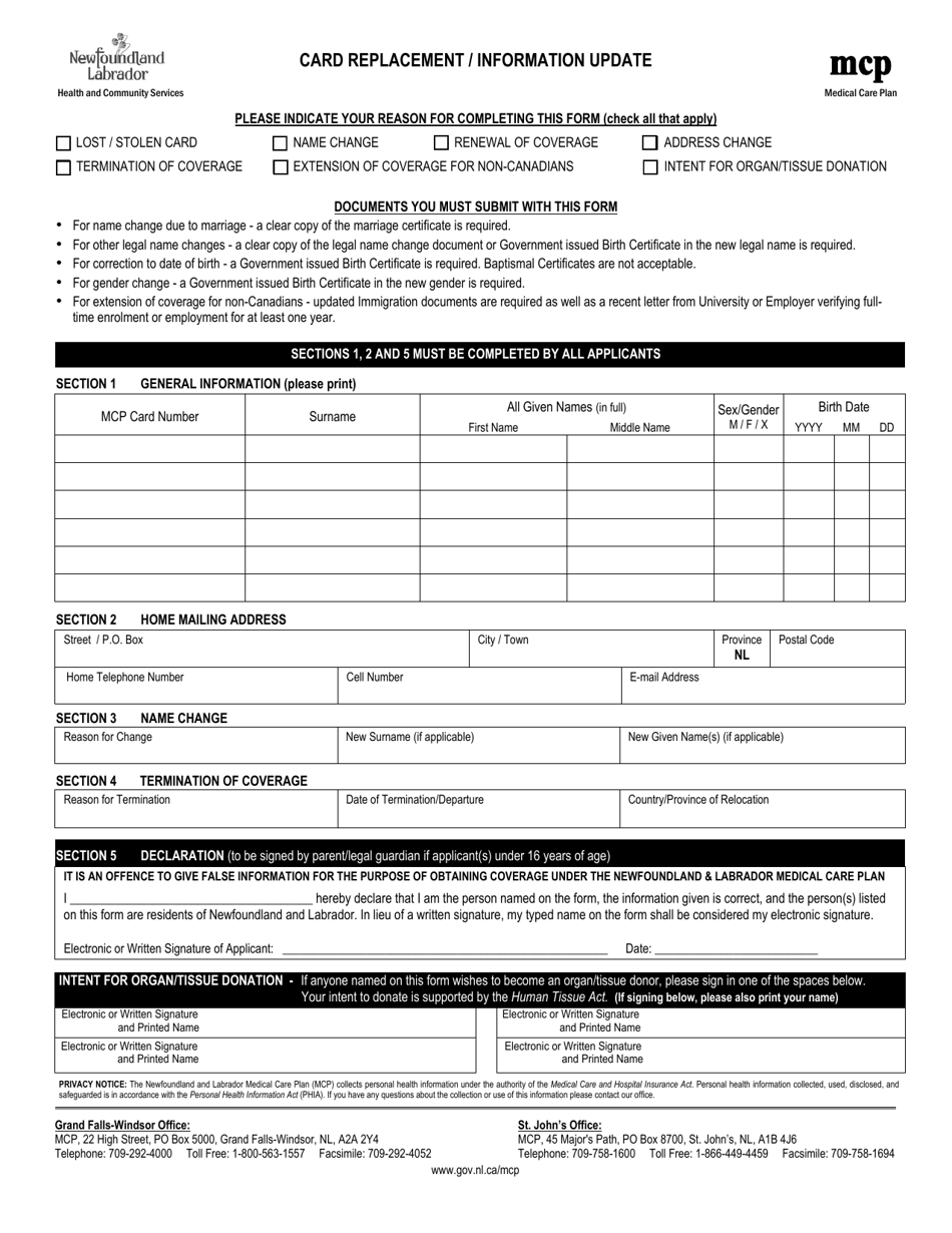 Newfoundland and Labrador Canada Card Replacement/Information Update ...
