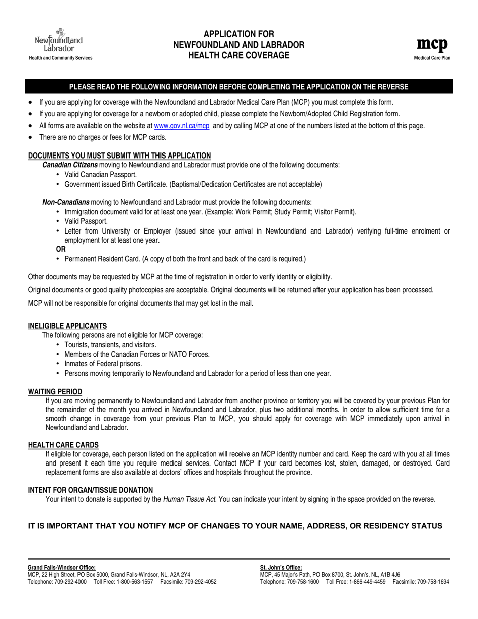 Newfoundland and Labrador Canada Application for Newfoundland and ...