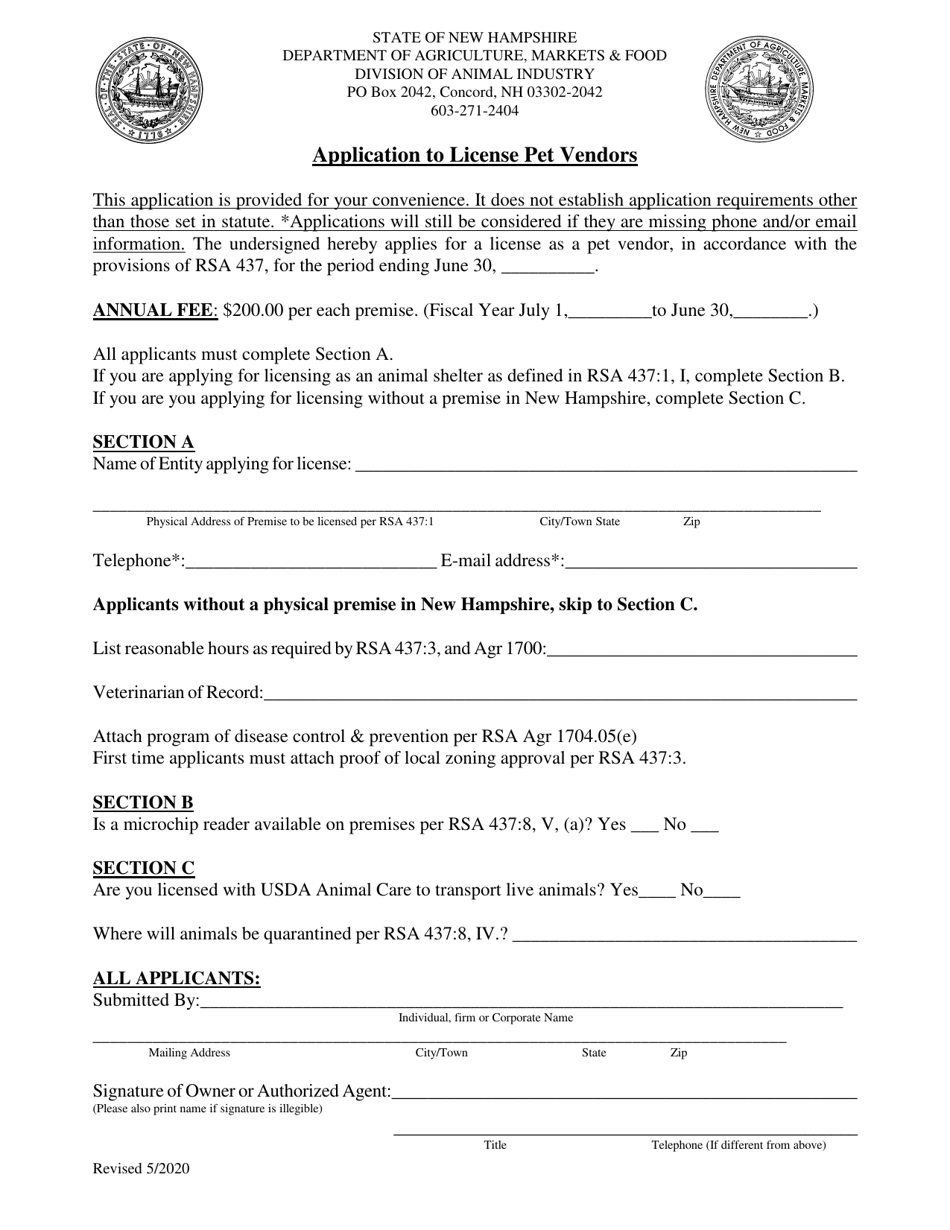New Hampshire Application to License Pet Vendors - Fill Out, Sign ...
