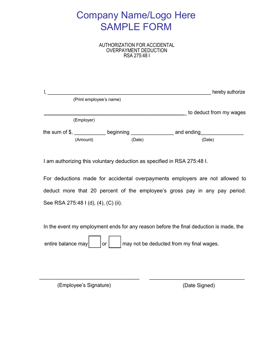 New Hampshire Authorization for Accidental Overpayment Deduction - Fill ...