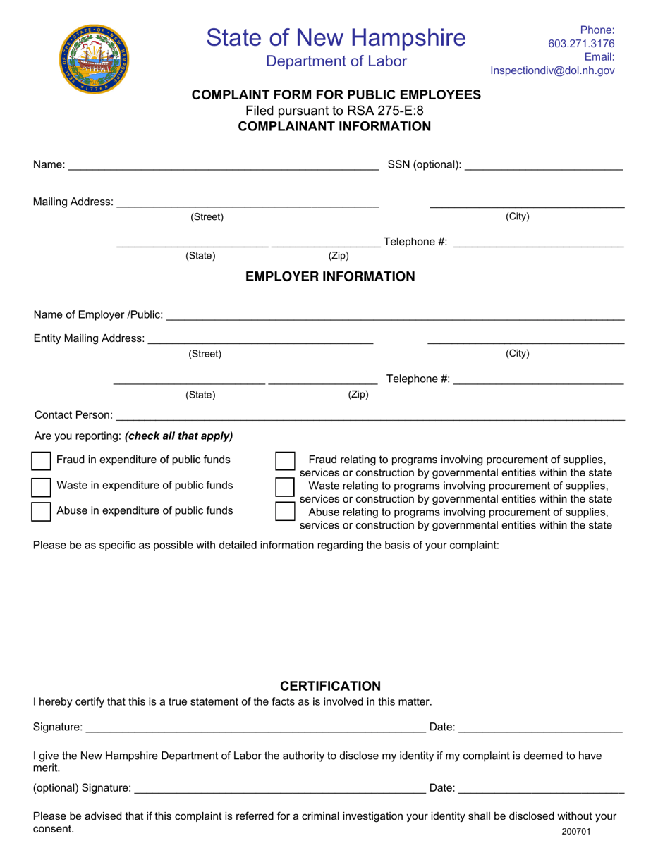 New Hampshire Complaint Form for Public Employees - Fill Out, Sign ...