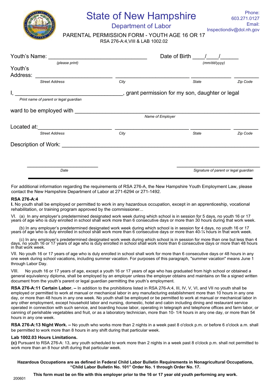 New Hampshire Parental Permission Form - Youth Age 16 or 17 - Fill Out ...