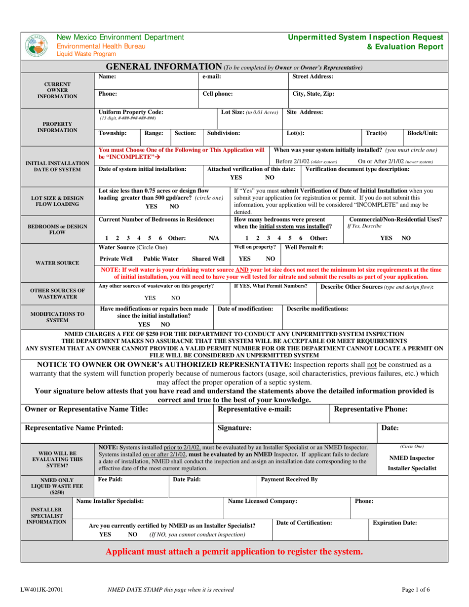 Form LW401JK Download Printable PDF or Fill Online Unpermitted System ...