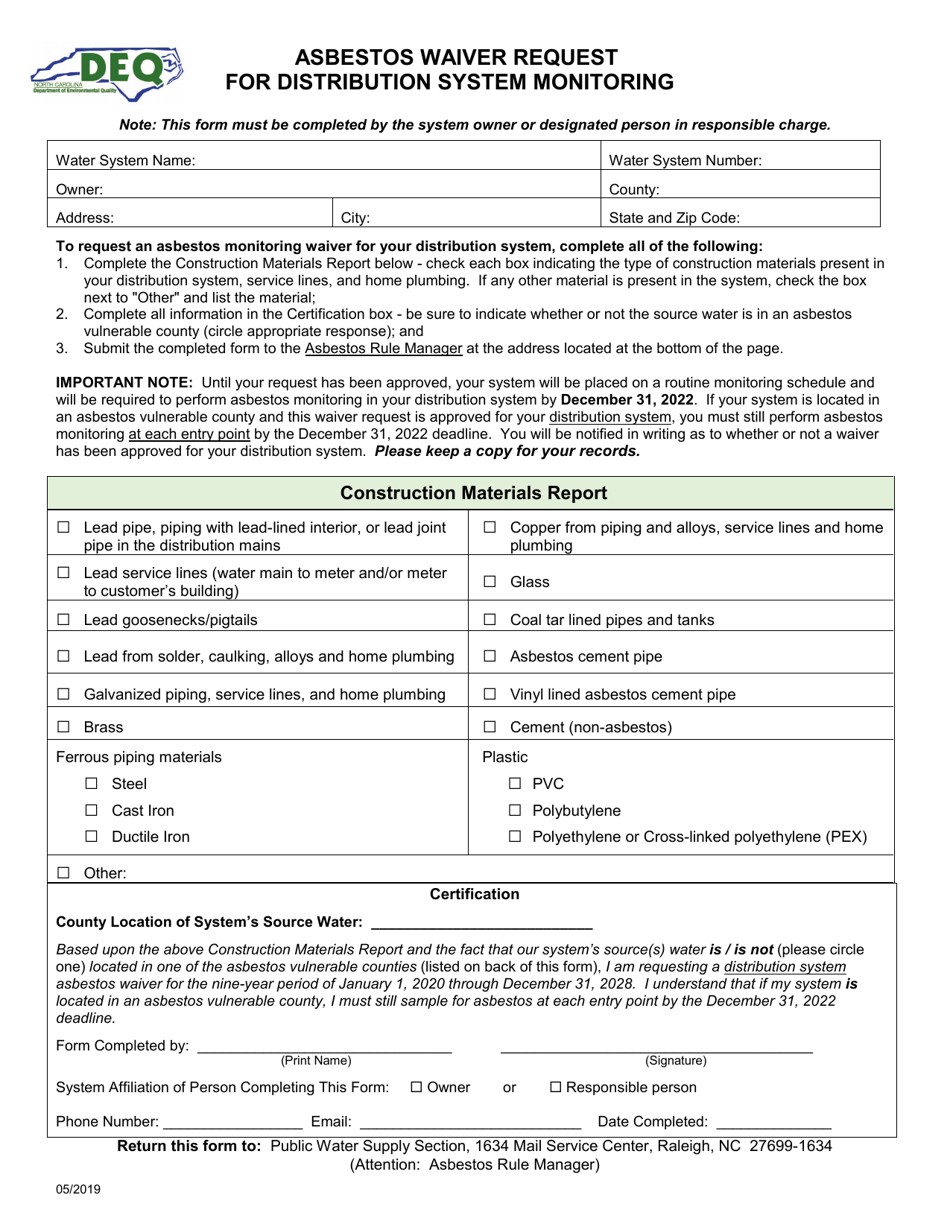 North Carolina Asbestos Waiver Request for Distribution System ...
