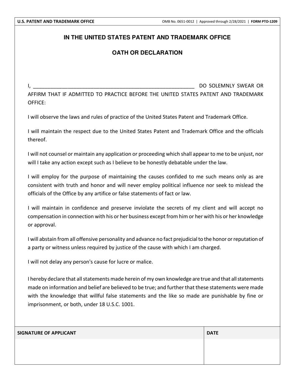 Form PTO-1209 - Fill Out, Sign Online and Download Printable PDF ...