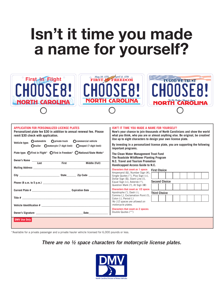 North Carolina Application for Personalized License Plates (Choose8 ...