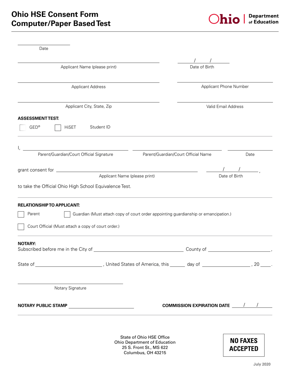 Ohio Ohio Hse Consent Form Computer/Paper Based Test Download Fillable ...