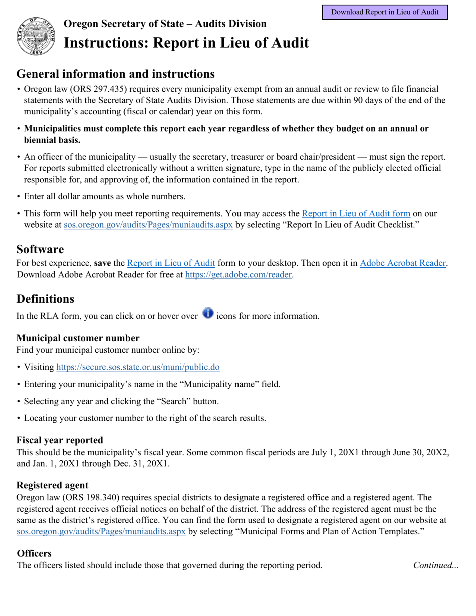 Download Instructions for Report in Lieu of Audit PDF | Templateroller