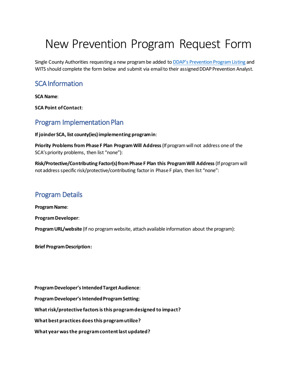 Pennsylvania New Prevention Program Request Form - Fill Out, Sign ...
