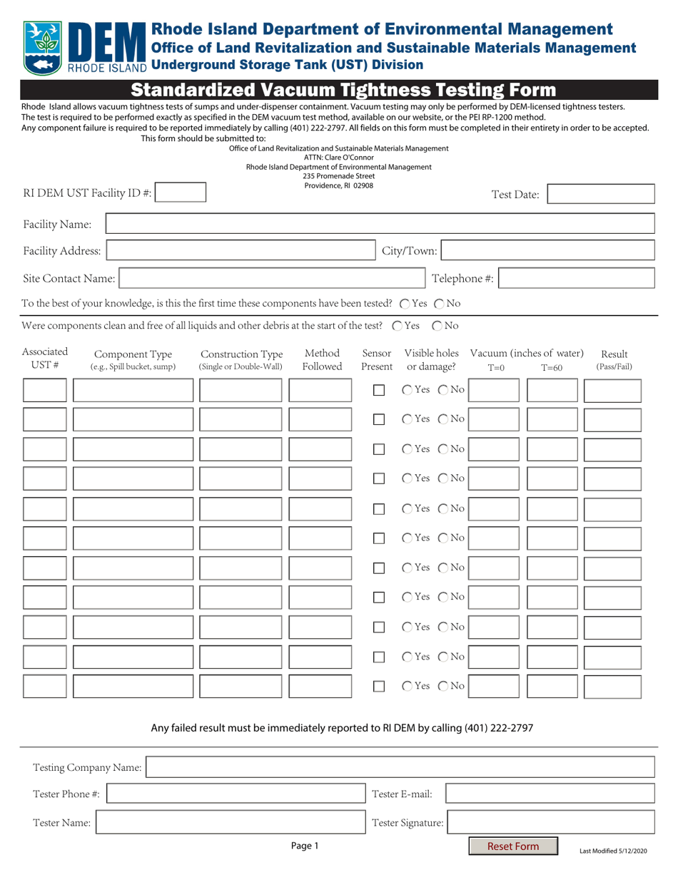 Rhode Island Standardized Vacuum Tightness Testing Form - Fill Out ...