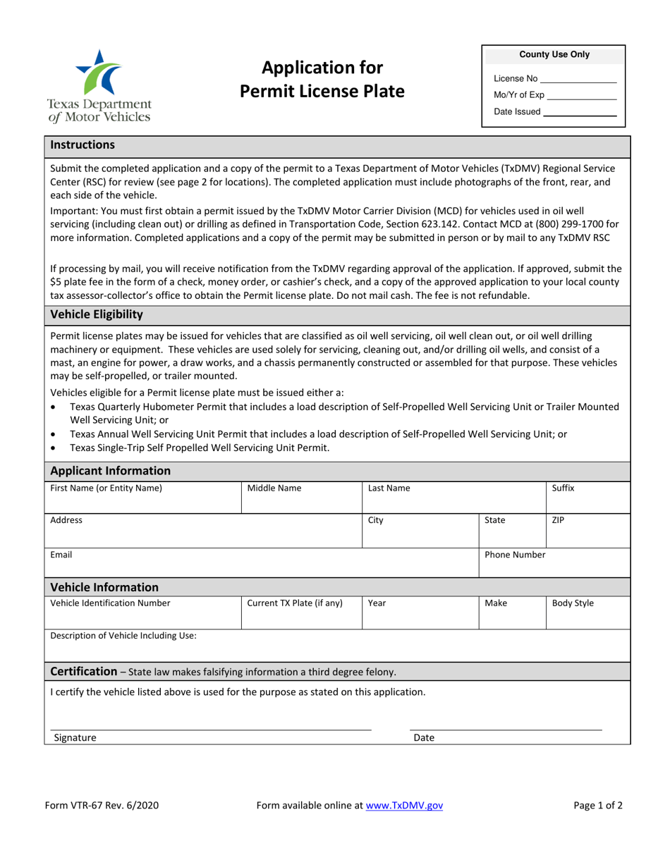 Form VTR-67 Download Fillable PDF or Fill Online Application for Permit ...