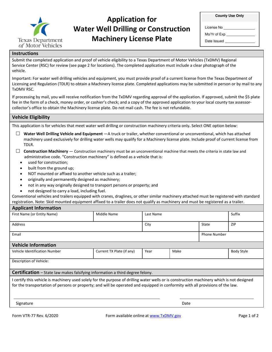 Form VTR-77 Download Fillable PDF or Fill Online Application for Water ...