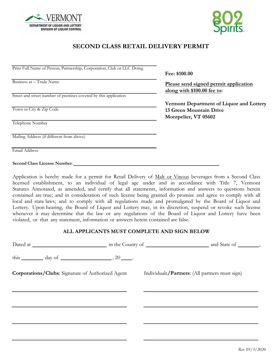 Vermont Second Class Retail Delivery Permit Download Fillable PDF 2019 ...