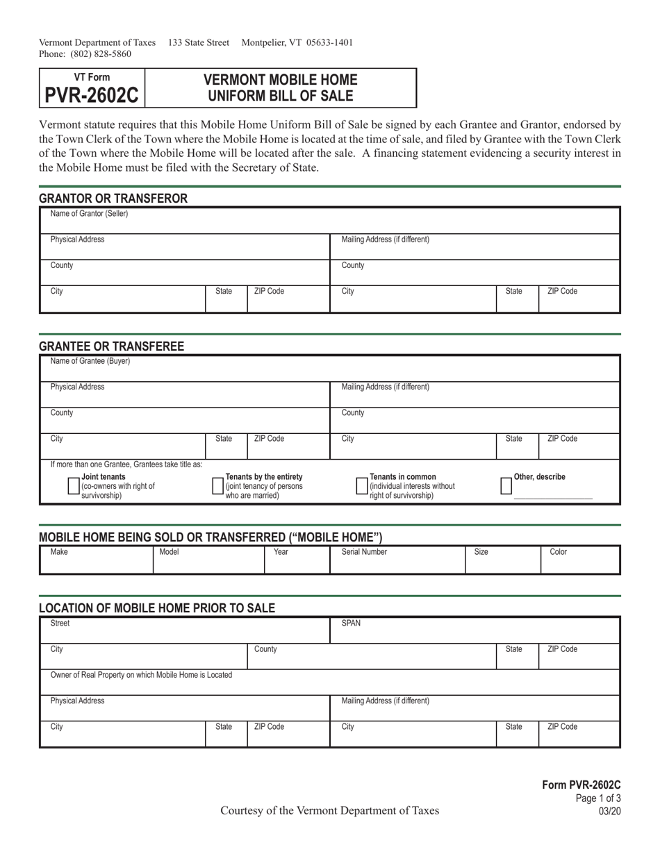 VT Form PVR-2602C - Fill Out, Sign Online and Download Fillable PDF ...