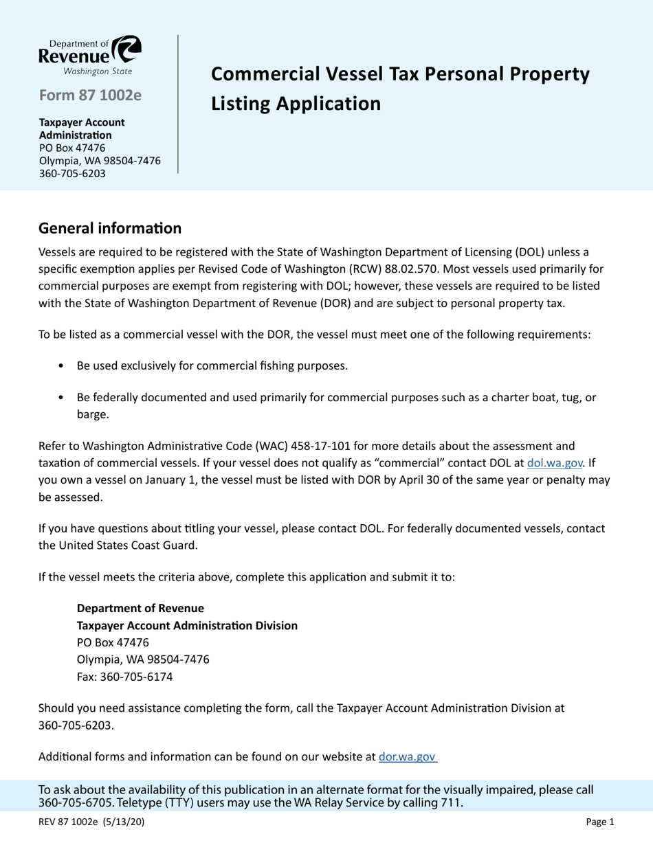 Form REV87 1002E Download Fillable PDF or Fill Online Commercial Vessel ...